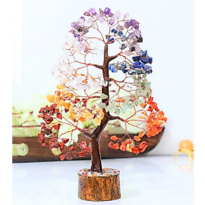 Crocon Seven Chakra Gemstone Tree Copper Wire Feng Shui Money Bonsai Good Luck Chakra Healing Crystals Home Decoration Ornament Figurine Wealth Prosperity Gift Size: 10-12"