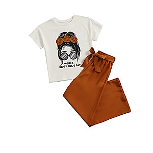 OYOANGLE Girl's 2 Piece Outfits Letter Graphic Floral Print Short Sleeve Blouse T Shirt Top and Belted Pants Sets Multicolor 11-12 Years