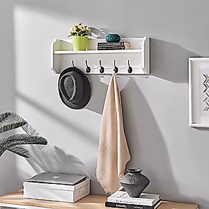 Danya B. Entryway Floating Utility Wall Shelf with Hooks – Wall Mounted (White)