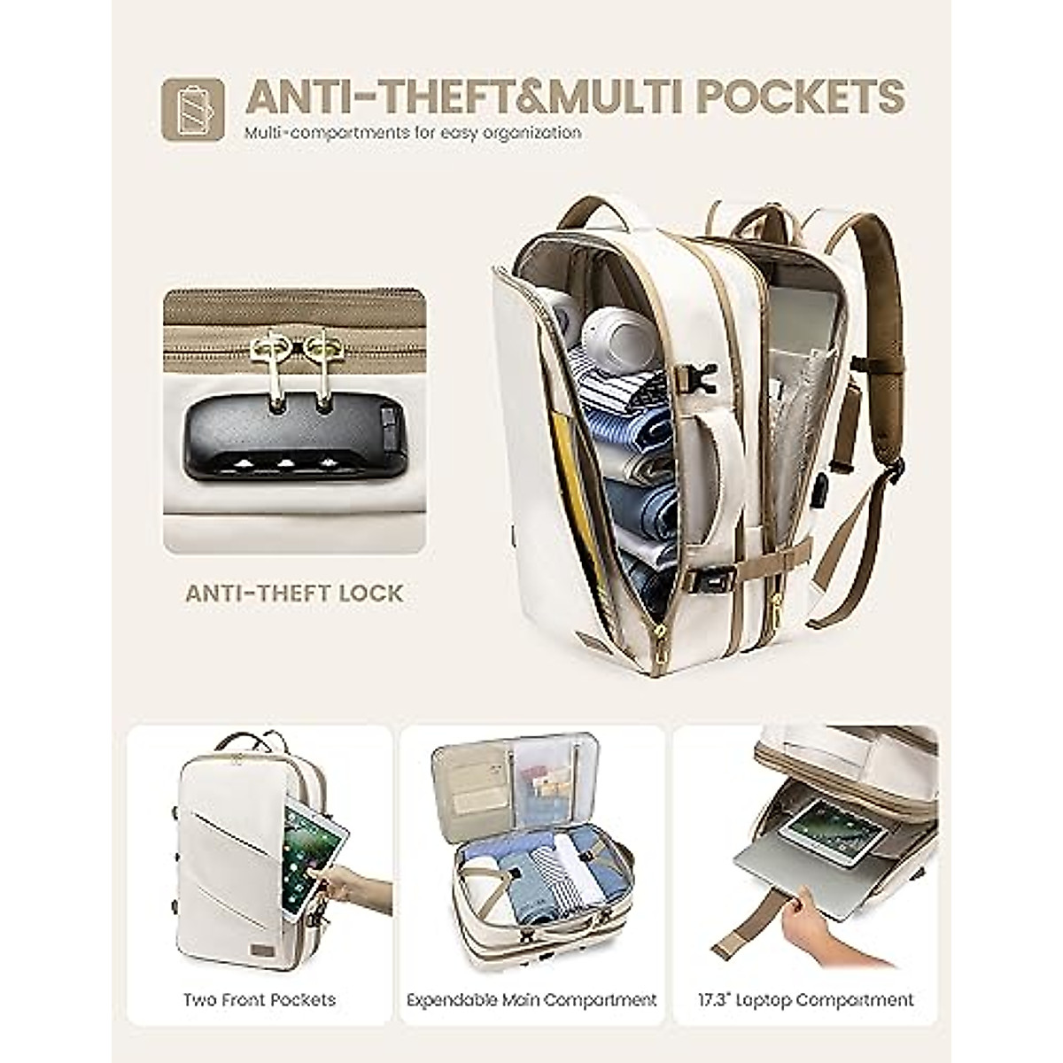 LOVEVOOK Travel Backpack for Women, 40L Carry On Backpack Flight Approved, Waterproof 17 Inch Laptop Backpack with 3 Cubes, College Bookbag, Personal Item Travel Bag, Beige-Khaki