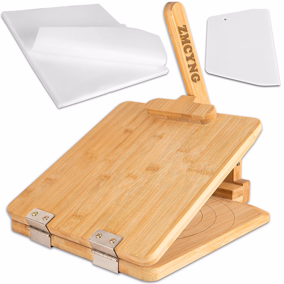 Bamboo Wooden Tortilla Press - 10 Inch Wood Tortilla Maker Press Square with 60 Pcs Parchment Paper and Scraper, Mexican Tortillera Presser 4.5” to 10" for Homemade Tortillas, Pataconera & Dough Press