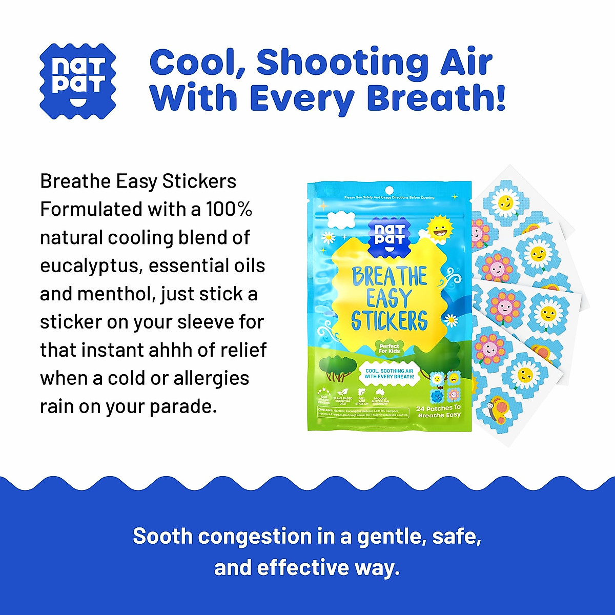 NATPAT Breathe Easy Stickers - Stuffy Patch for Kids and Adults - All-Natural Cold and Allergy Relief for Congestion, Chemical and Drug Free - BuzzPatch Natural Patch (24 Pack)