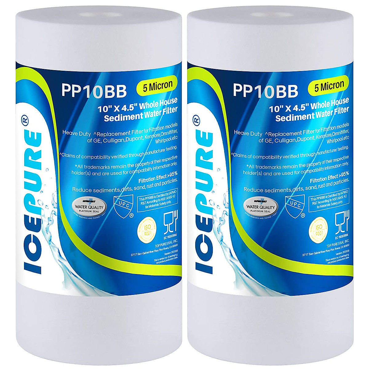 ICEPURE Whole House Sediment Water Filter 5 Micron 10" x 4.5" Compatible with Culligan RFC-BBSA, W15-PR, HD-950, WFHD13001B, GXWH35F, GXWH30C, 3M Aqua-Pure AP817, Whirlpool WHKF-GD25BB, PP10BB 2PACK