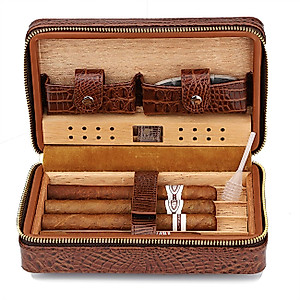 TIME C Club 4-Finger Portable Travel Crocodile Skin-Style Burgundy Leather Cigar Case, Cigar Humidor, Cigar Cutter and Humidifier, Father's Day, Birthday Gift