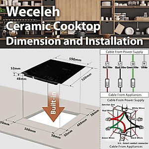 Weceleh 24 Inch Electric Cooktop, Built-in 6600W Glass Ceramic Cooktops, 4 Burners Electric Stove Top with Expandable Zone, 9 Heating Levels, Child Lock, Slider-Touch Control, 220-240V (No Plug)