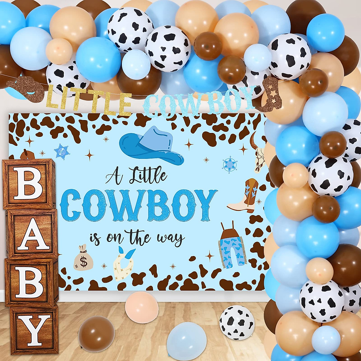 JOYMEMO Blue Brown Cowboy Baby Shower Decorations for Boy, Western Cowboy Balloon Garland Kit with A Little Cowboy is On The Way Backdrop, Wood Baby Shower Boxes, Wild West Baby Shower Supplies