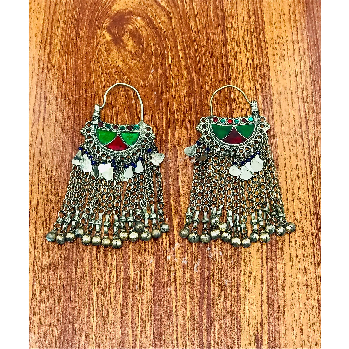 Red and Green Oversized Bells Chaandbaliyaan, Massive Kuchi Boho Earrings With Long Bells, Traditional Afghani Earrings, Vintage Jewelry