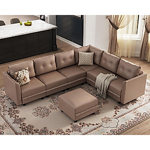 LLappuil Modular Sectional Sofa, Convertible L Shaped Sectional Couch with Storage, Faux Leather Fabric, Modular Sectionals with Chaise, 7 Seats Sofas for Living Room, Cognac Brown