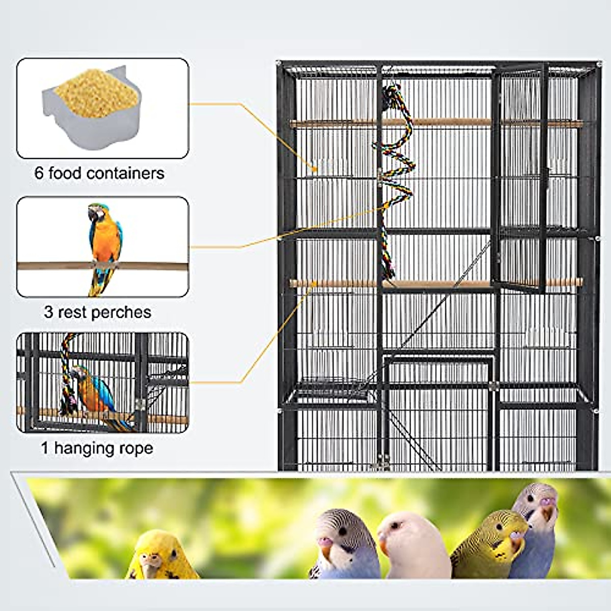 Kinpaw Large Flight Bird Cage - 70” Wrought Iron Bird House with Climbing Rope Bungee Birds Toy Rolling Stand Castors Feeding Bowl for Parrot Cockatiel Finch Pet Supplies Black…