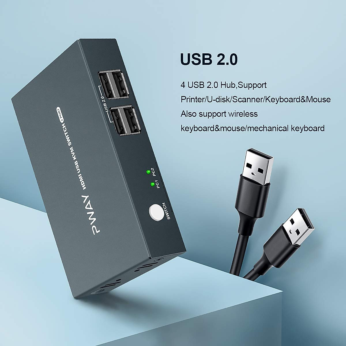 KVM Switch HDMI 2 in 1 Out Box, 4K@30Hz with USB 2.0 Hubs, HDMI Cables and USB-B Cables Attached, Downward Compatible Lower Resolution