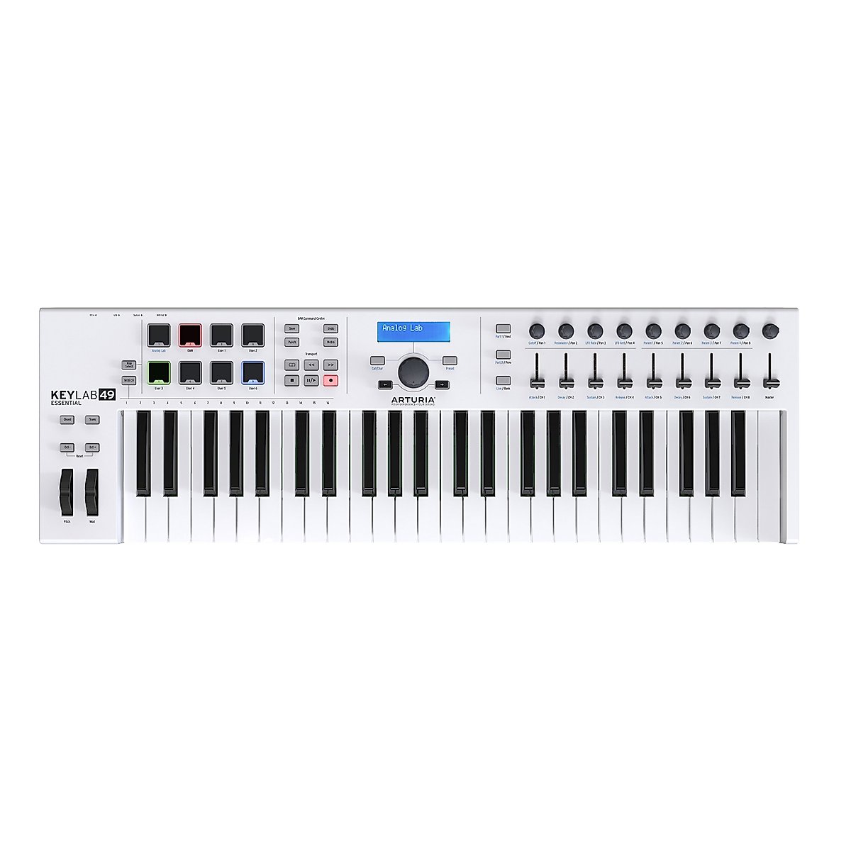 Arturia KeyLab Essential 49 - 49 Key USB MIDI Keyboard Controller with Velocity Sensitive Synth Action Keys, 8 Drum Pads, 9 Faders, 9 Knobs and Analog Lab V Software Included