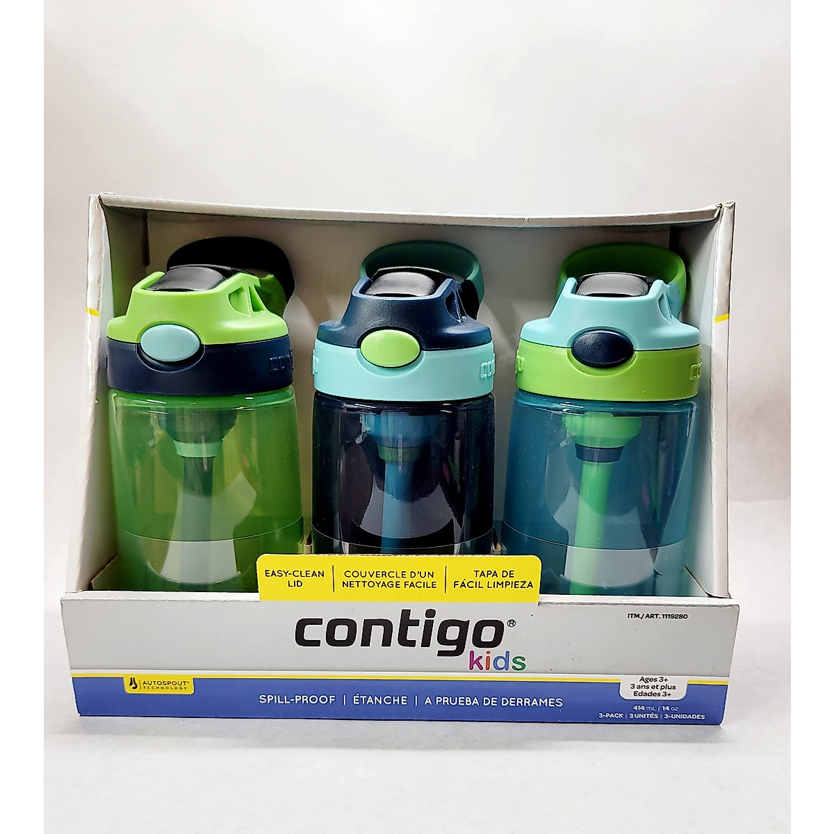 Contigo Kids Water Bottle, 14 oz with Autospout Technology – Spill Proof, Easy-Clean Lid Design – Ages 3 Plus, Top Rack Dishwasher Safe, 3-Pack, Green / Blue, blue green