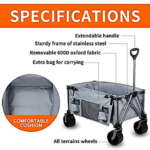 FRITIGA Collapsible Wagon Cart, with Side Bag - Folding Beach Wagon for Sand, Heavy Duty Foldable Utility Shopping Carts on Big All-Terrain Wheels, Outdoor Garden Portable Wagon
