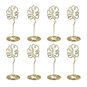 STOBOK 8pcs Place Card Holders Monstera Leaves Table Number Holders Metal Memo Photo Clips Tropical Hawaiian Luau Wedding Birthday Party Decorations Golden
