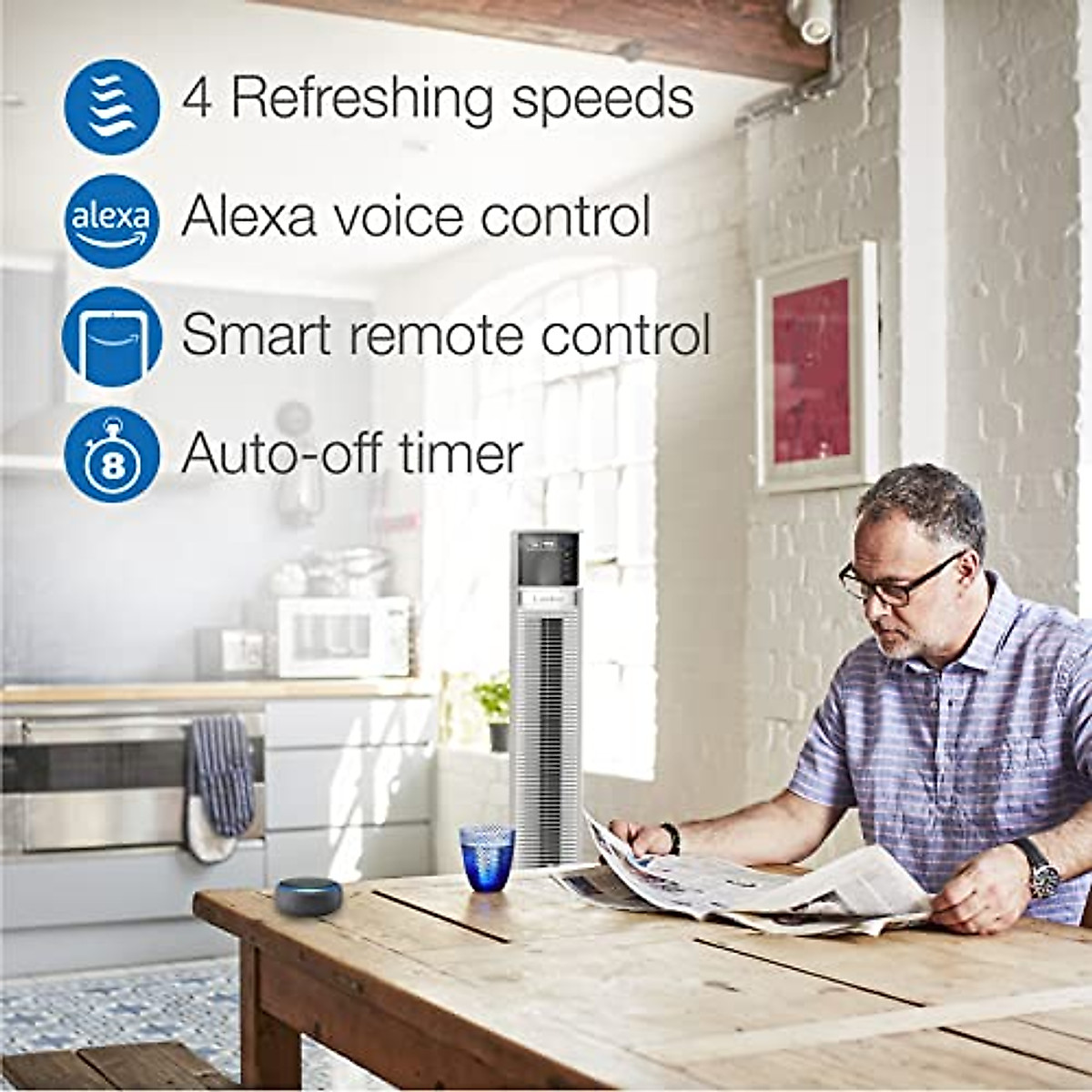 Lasko Works with Alexa Oscillating Tower Fan, Voice Controlled, 4 Quiet Speeds, Sleep Mode, Timer, Bedroom, Living Room, 48", White, T48401
