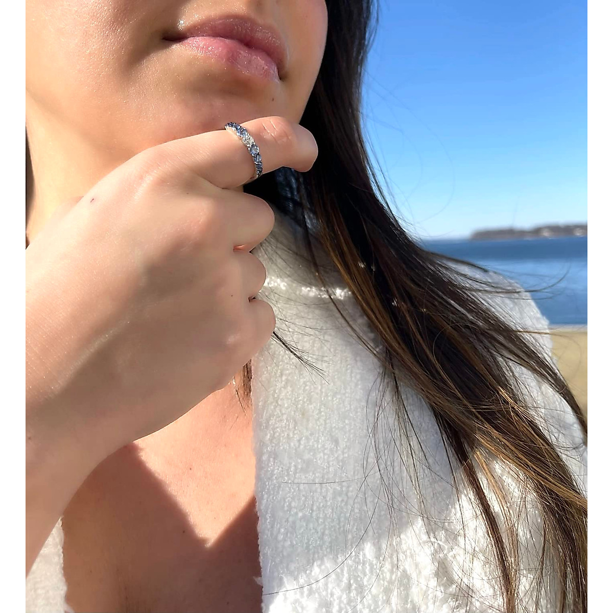 LE VIAN 1 Carat White and Blue Sapphire Classic Stackable Band Ring for Women in 14k White Gold Promise Anniversary Ring Size 7