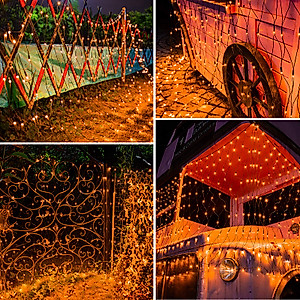 Joomer 12ft x 5ft 360LED Orange Halloween Net Lights Outdoor Mesh Lights, 8 Modes Timer Connectable Waterproof Bush Lights Mesh Netting Lights for Halloween Outdoor Decorations (Green Wire)