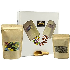 spear Kraft Paper Stand Up Food Storage - Bags with Window Zip Lock Pouch Bags,Resealable Seal Zipper Matt Small Treat Cookie Baked Goods Tea Bakery Rice for Packaging Brown 2 Different Sizes 100 pcs: 6 x 4 in(40pcs) and 4x3 in(60pcs) and 1 Bamboo Wood Sp