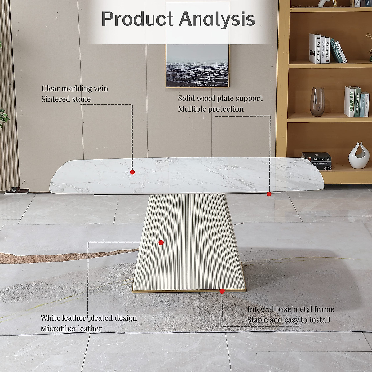 Montary 71” Modern Rectangle Dining Table for 6-8 Seat, White Marble Dining Table with Sintered Stone Tabletop and Horseshoe-Shape Design Carbon Steel Leather Base (Only Table)