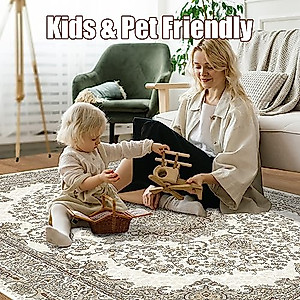 Area Rug Living Room Rugs: 8x10 Washable Oriental Persian Carpet for Bedroom Under Dining Table Large Farmhouse Floral Distressed Indoor Non Slip Decor Home Office Nursery - Beige