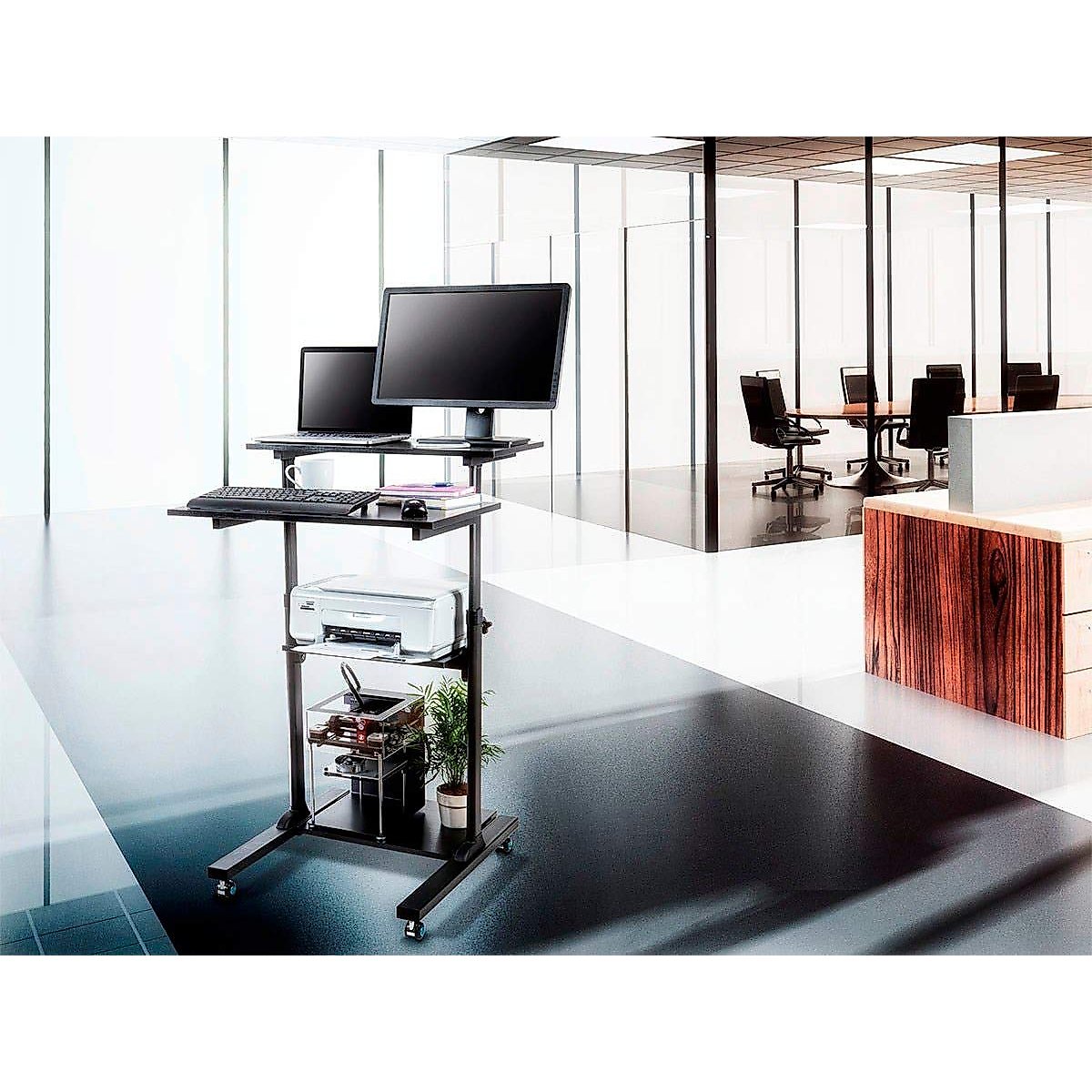 Monoprice Height Adjustable PC Workstation Cart - for Seated or Standing Position, with 28 Inch Table Top,Two Additional Accessory Shelves, Ideal for Work and Home, Black, Keyboard+ Monitor