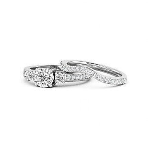 JEWELS FORUM 1.31cts Diamond 14k Gold Engagement Ring For Women 3 Stone Bridal Set 0.50cts Solitaire Round Diamond Anniversary Wedding Eternity Bands (Color HI/Clarity I1-2) (white gold)