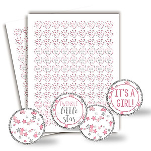 Pink & Silver Twinkle Little Star Girl Baby Sprinkle Baby Shower Kiss Sticker Labels, 300 0.75" Circle Stickers for Chocolate Kisses by Amanda Creation, Great for Favors, Treats, Envelopes & Bags