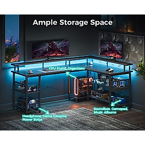 ODK 66" L Shaped Gaming Desk with Power Outlet and LED Lights, PC Gaming Table with Carbon Fiber Texture, Reversible L Shape Desk with Storage Shelves & Monitor Stand, Home Office Desk, Black