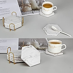 Hexagon Marble Coasters with Holder Absorbent Coaster Set Modern Drink Stone Coasters White Ceramic Coasters for Coffee Beverage Bar Coaster Best Thirstysone Table Coastes