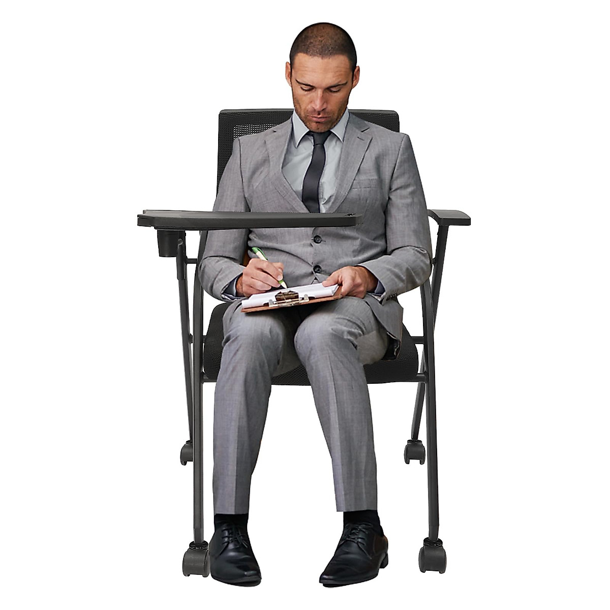 LOHISHILO 4pcs Mesh Guest Reception Stack Chair Tablet Arm Chair with Caster Arms for Office Conference, Reception, Training Room Chair, Schools, Meeting Rooms, Step Classrooms, Churches, Homes