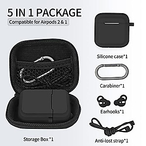 FYY Airpods Case, 5 in 1 Airpod Accessories Set, Silicone Protective Case for AirPods 1st Gen & 2nd Gen Charging Case with AirPods Ear Hooks, Anti-Lost Lanyards, Keychain, Carrying Case Black