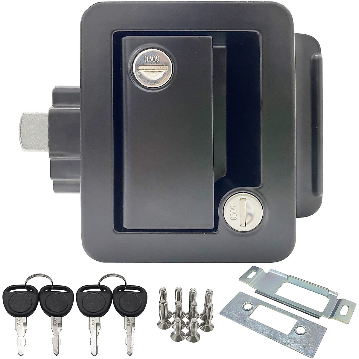 Ganlandy RV Door Latch, Black, Waterproof, Key Lock, Fits 2.5" x 3.5" to 3" x 4" Door Holes, 100% Metal
