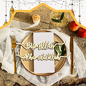 12 Pcs Ramadan Mubarak Wood Cutouts Ramadan Plate Sign Ramadan Kareem Wooden Word Cutouts Eid Mubarak Decorations for Islamic Muslim Home Table Plate Decoration (Vivid Style)