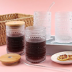Vintage Drinking Glasses Set of 4 with Bamboo Lids and Straws, 16 oz Textured Clear Striped Ribbed Glassware Set Old Fashion Beaded Glass Cups Embossed Iced Coffee Cup for Beer, Cocktail, Beverage