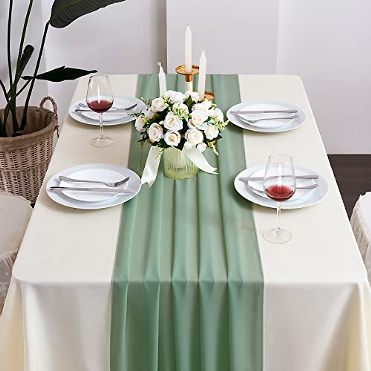 5 Pack Sage Green Chiffon Table Runner 10Ft Wedding Table Runner 29x120 Inches Sheer Romantic Tulle Table Runner for Wedding Decor Bridal Shower Baby Shower Birthday Party Cake Table Decoration
