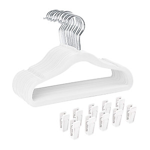 Finnhomy Non-Slip Clothes Hangers for Baby and Kids 30-Pack Velvet Hangers with 10 Finger Clips, White