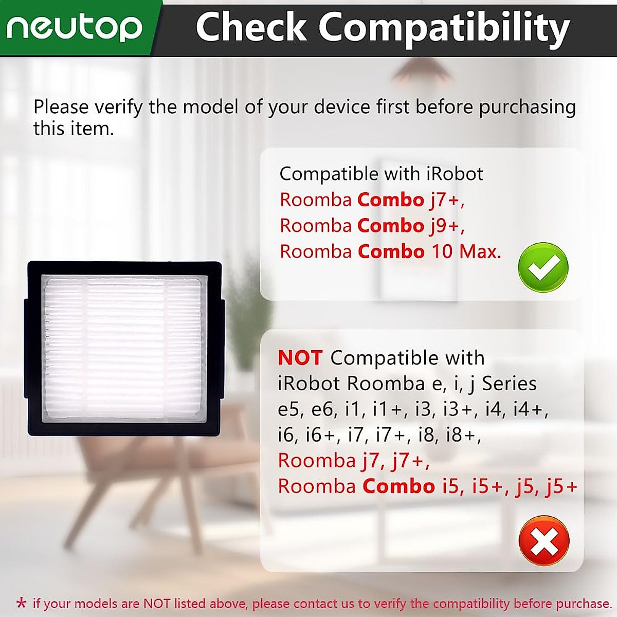 Neutop Filter Compatible with iRobot Roomba Combo j7+, Combo j9+, 10 Max, Robotic Vacuum and Mop Replacement Filter Parts, High-Effiency HEPA, 6-Pack