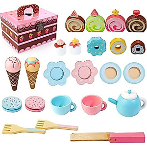 Lawcephun Wooden Tea Party Set for Little Girls, 30pcs Princess Tea Set Toy for Pretend Play, Montessori Toys for Toddlers Age 3-6, Birthday Gifts for Girls & Boys