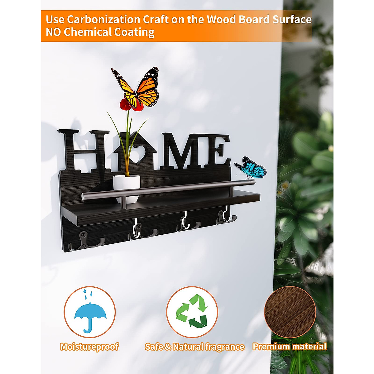 SWTYMIKI Key Hooks for Wall with Home Decoration, Wood Mail Organizer with Key Holder and Mail Holder Design, Wall Mounted Key Hanger Suitable for Entryway, Front Door, Hallway, Office, Black