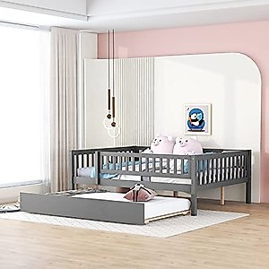 P PURLOVE Full Daybed with Trundle, Daybed Frame with Fence Guardrails, Wood Daybed for Boys, Girls and Young Teens, No Box Spring Needed (Gray)