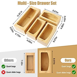Vivnoon Ziplock Bag Organizer 4pcs Separate Bamboo Drawer Organizer, Food Storage Bag Organizer, Kitchen Baggie Organization Drawer for Gallon, Quart, Sandwich and Snack Bag