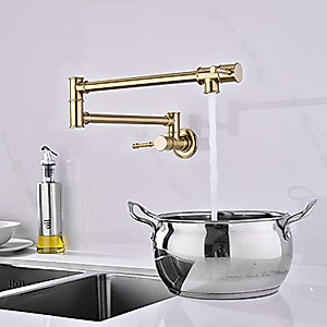 Gold Pot Faucet Pot Filler Faucet Wall Mounted, Lead-Free Solid Brass Folding Stretchable Double Joint Swing Arm Extending Wall Hole Filler Kitchen Faucet Brushed Gold