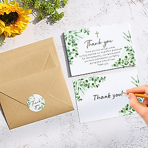 BYBOUS 50Pcs Funeral Sympathy Thank You Cards with Envelopes and Matching Seal Stickers, Green Leaf Cross Bereavement Card with Message for Memorial Service Loved Ones Celebration of Life