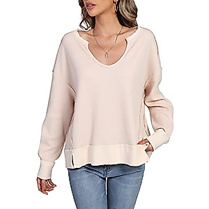 LYANER Women's V Neck Waffle Knit Long Sleeve Loose Pullover Sweatshirt Sweater Top Beige Medium