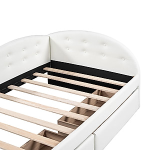 Hlcodca Twin Size Upholstered Daybed with Two Drawers and Cloud Shaped Guardrail, Pu Upholstered Tufted Platform Bed Frame with Wooden Slat Support for Bedroom Living Room (White-007)