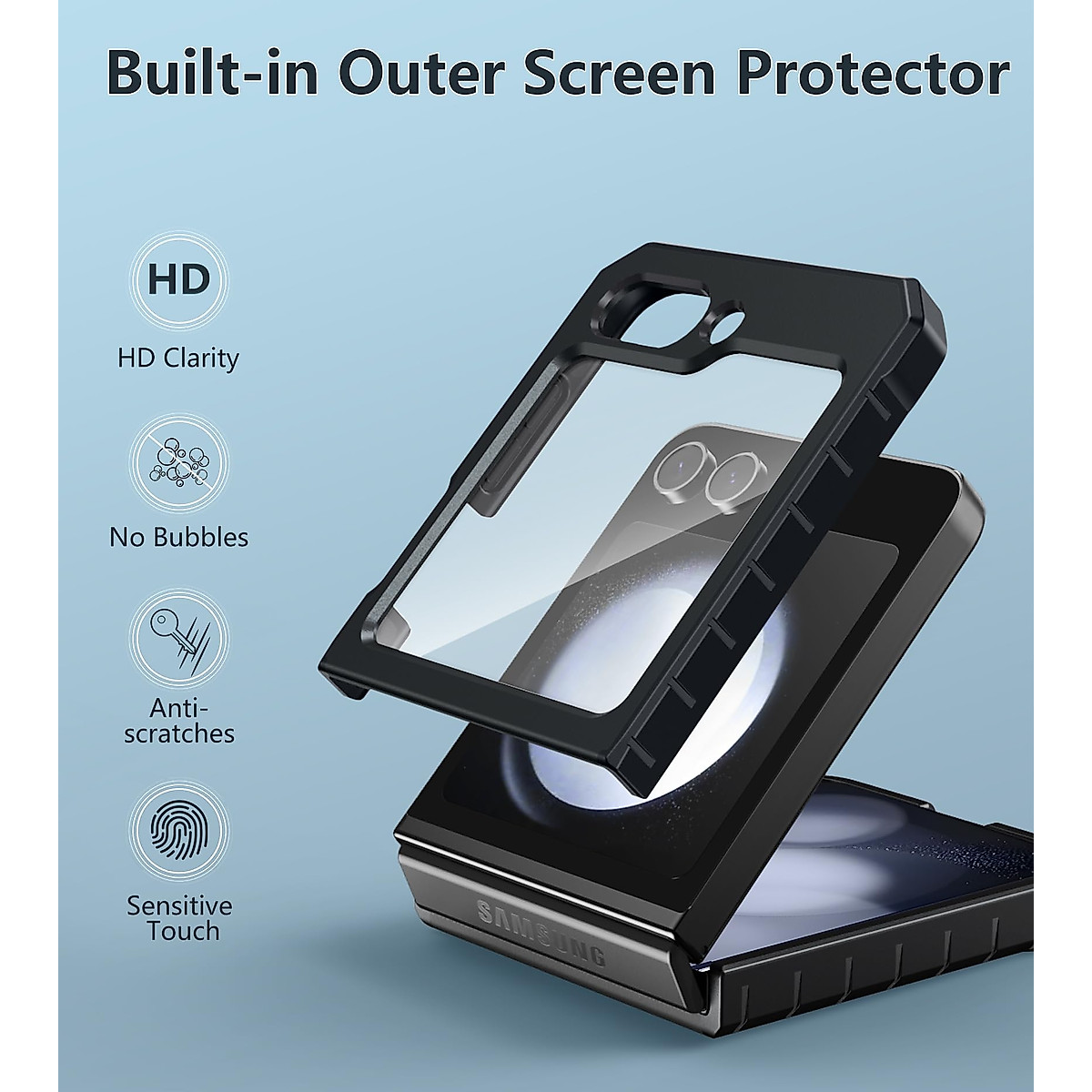 FNTCASE for Samsung Galaxy Z-Flip5 Case: Military Grade Protection Shockproof Cell Phone Cover with Built-in Screen Protector & Kickstand | Protective Rugged Armor Case for Z Flip 5 (2023) - Black