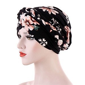 Awlsyj Chemo Cancer Head Hat Cap Ethnic Bohemia Pre-Tied Twisted Braid Hair Cover Wrap Turban Headwear (D Black Pink Flower)