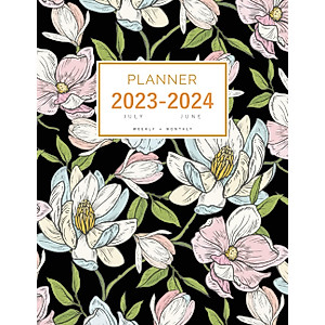 Planner July 2023-2024 June: 8.5 x 11 Weekly and Monthly Organizer | Magnolia Flower Garden Design Black