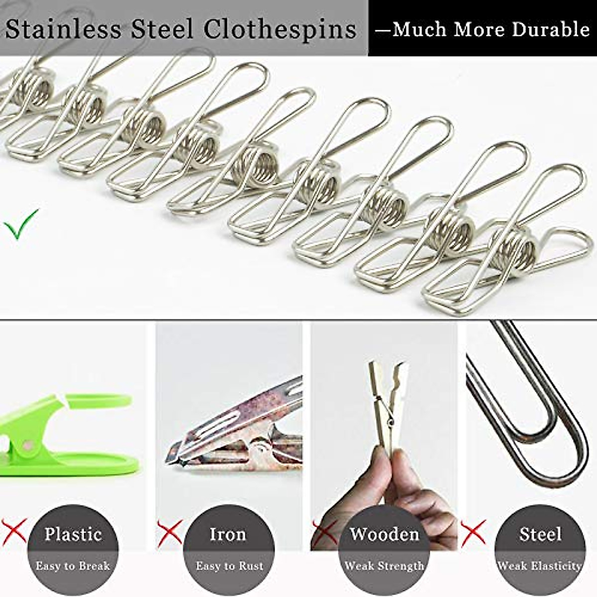 Wire Clothespins Laundry Chip Clips - 100 Pack Bulk Clothes Pins Heave Duty,Durable Metal Clothes Pegs Long-Lasting Strong-Grip Multi-Purpose for Clothesline,Snack Bags,Pictures,Paper at Home,Office