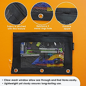 BAZIC Pencil Pouch 3 Ring Binder Pouch w/ Rivet Enforced Rings Hole, Black Mesh Window Zipper Pouches, 1-Count